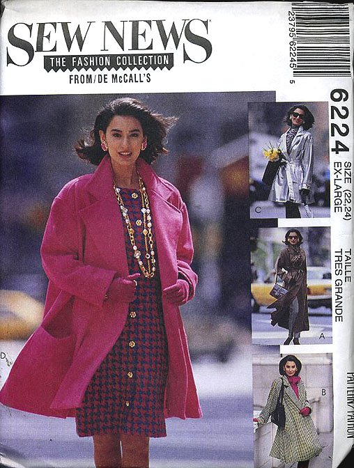 Sew News 6224 Sewing Pattern Coat in 3 Lengths Belt plus Size 22 24