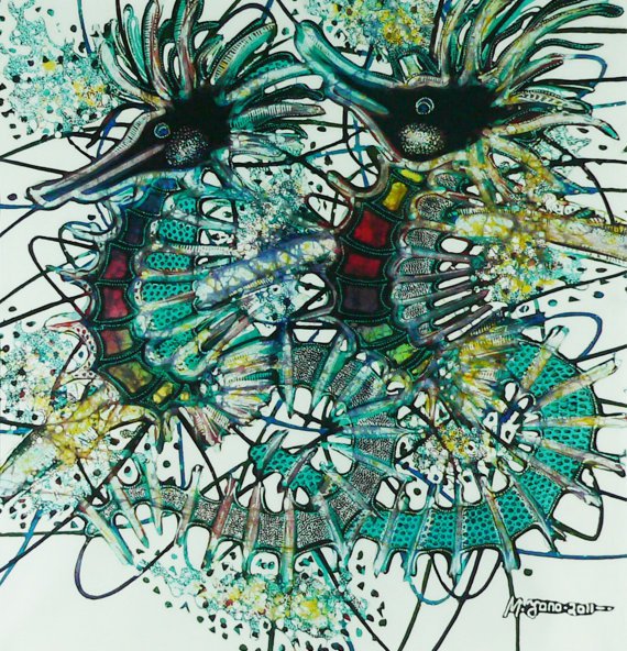Original Batik Art Painting on Cotton, 'Sea Horses' by M. Yono (45cm x ...