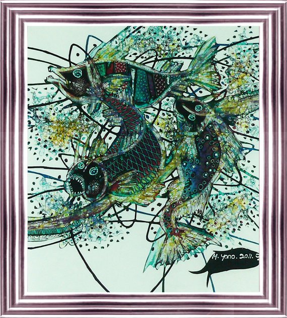 Original Batik Art Painting on Cotton, 'Fish and Prosperity' by M. Yono ...