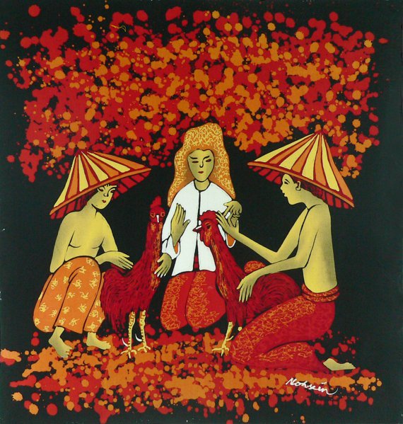 Original Batik Art Painting on Cotton, 'Cocks and People' by Mohsein ...