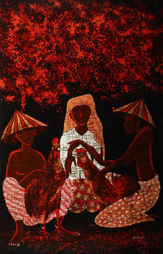 Original Batik Art Painting on Cotton, 'Cocks and People' by Mohsein ...
