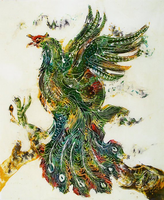 Original Batik Art Painting on Cotton, 'Phoenix' by Kapitan (75cm x 90cm)