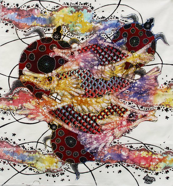 Original Batik Art Painting on Cotton, 'Fish and Longevity' by Agung ...
