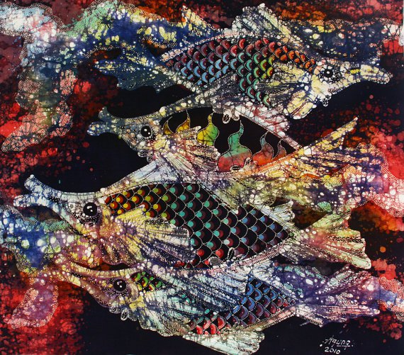 Original Batik Art Painting on Cotton, 'Fish and Prosperity' by Agung ...