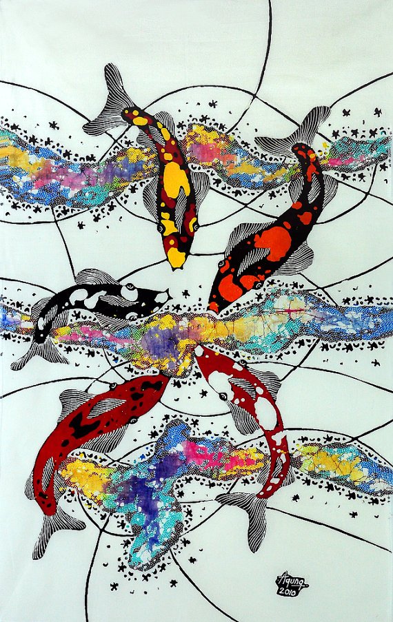 Original Batik Art Painting on Cotton, 'Koi Fish' by Agung (45cm x 75cm)