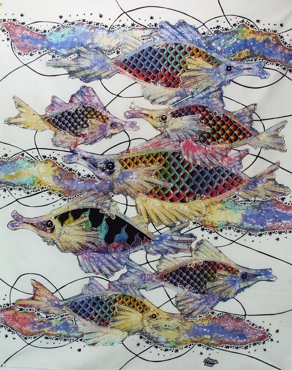 Original Batik Art Painting on Cotton, 'Fish and Prosperity' by Agung ...