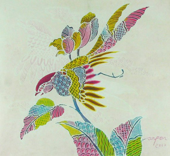 Original Batik Art Painting on Cotton, 'Oriental Bird' by Anfei (30cm x ...
