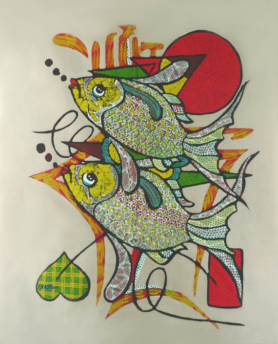 Original Batik Art Painting on Cotton, 'Fish' by Azrul (75cm x 90cm)