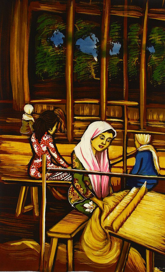 Original Batik Art Painting on Cotton, 'Weaving Lady' by Dolah (45cm x ...