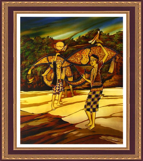 Original Batik Art Painting on Cotton, 'Playing Wau Bulan' by Dolah ...