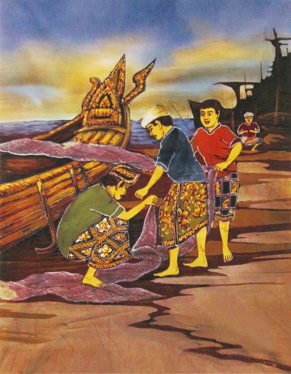 Original Batik Art Painting on Cotton, 'Fishermen' by Dolah (75cm x 90cm)