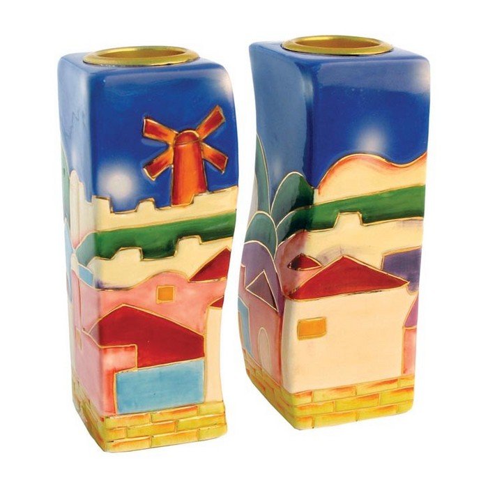 Ceramic Interlocking Shabbat Candlesticks with Hand-painted Jerusalem ...