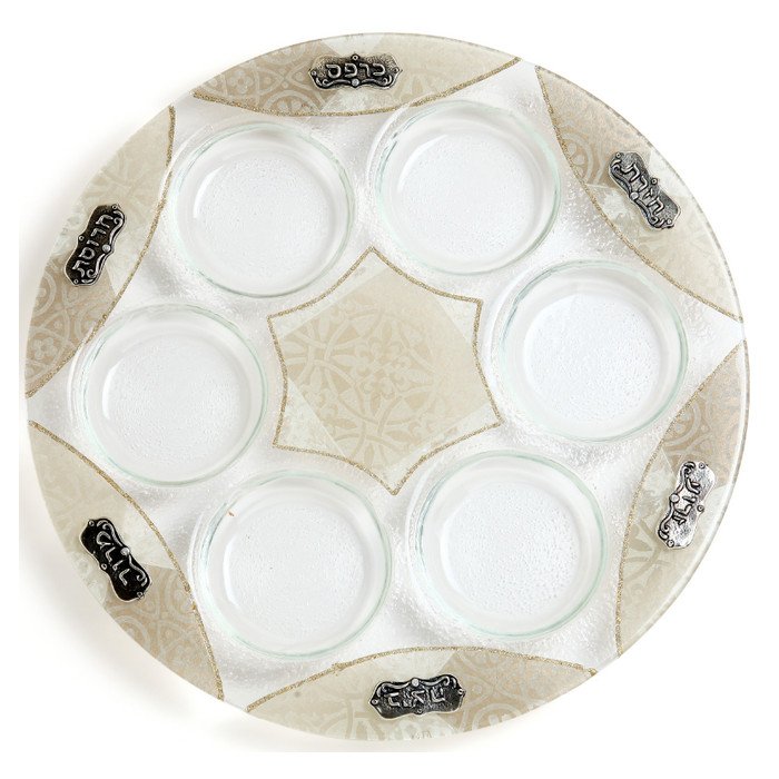 Glass Seder Plate with Gold Edging, Flowers and Metal Plaques