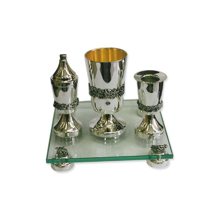 Sterling Silver Havdalah Set with Grape Clusters and Glass Tray