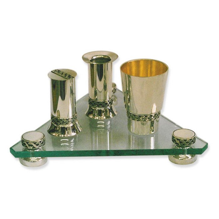 Sterling Silver Havdalah Set with Lattice Strips and Triangle Glass Tray