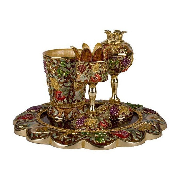 Three Piece Havdalah Set with Seven Species in Brown