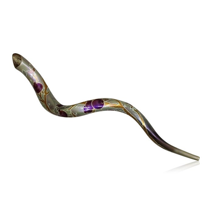 Decorative Kudu Shofar with Pomegranate Tree Branches and White Lines