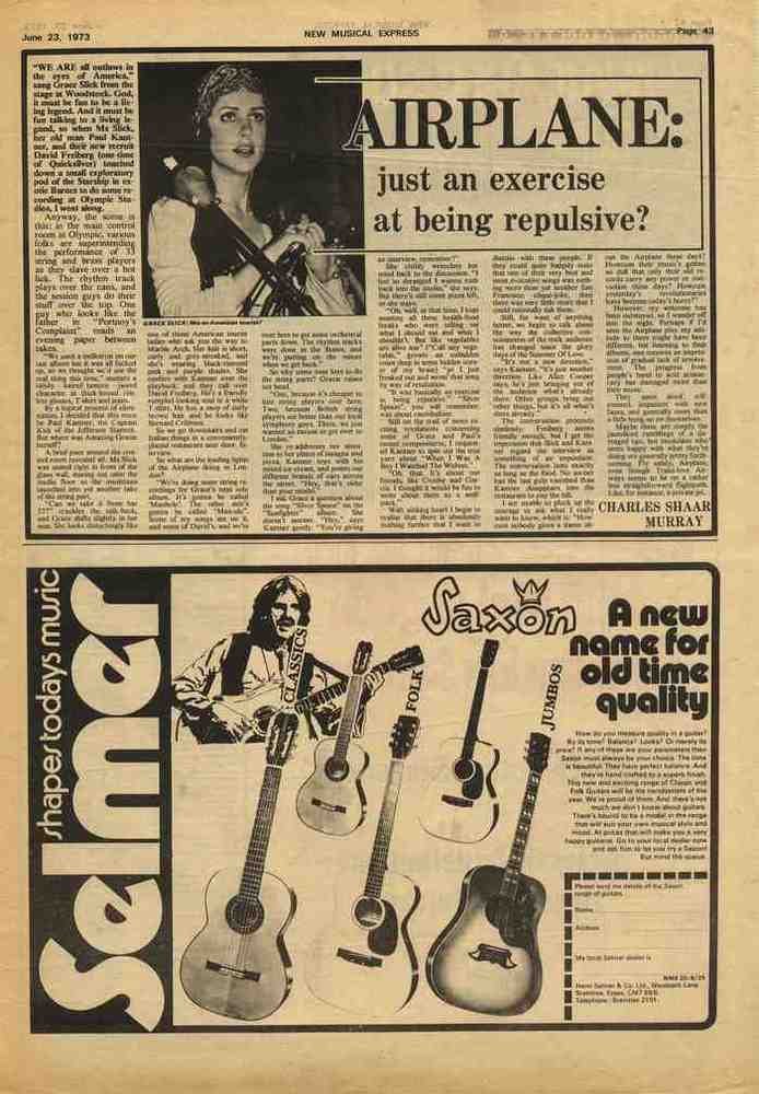 GRACE SLICK at Olympic recording studio press article cutting/clipping 1973