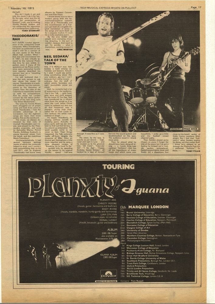 PLANXTY & IGUANA Tour 21x30cm Vintage Music Press Cutting Advert 1973