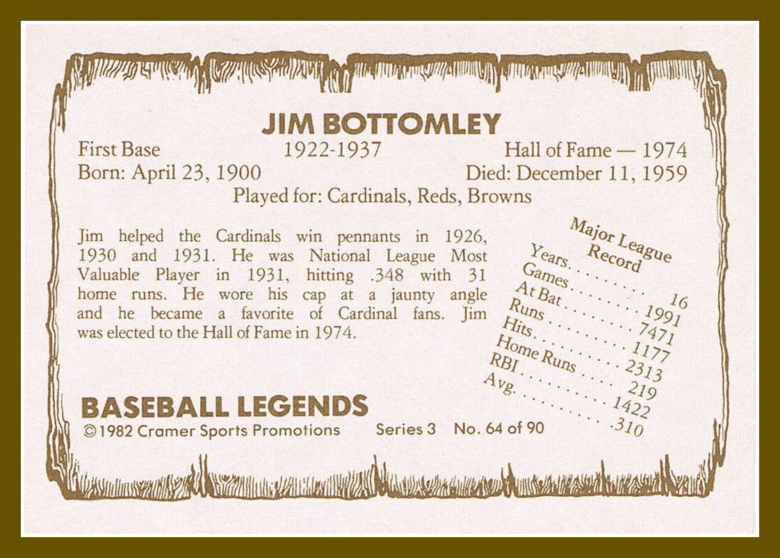 1982 Jim Bottomley #64 Cramer Sports Promotions Baseball Trading Card