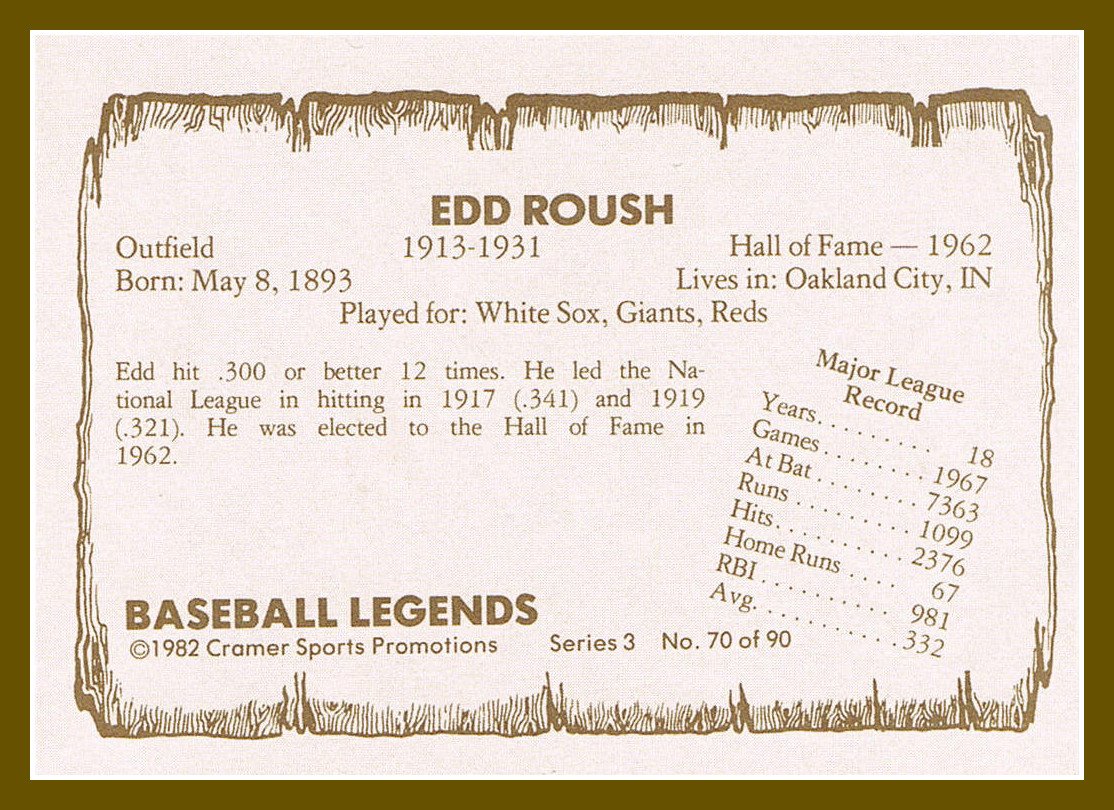 1982 Edd Roush #70 Cramer Sports Promotions Baseball Trading Card
