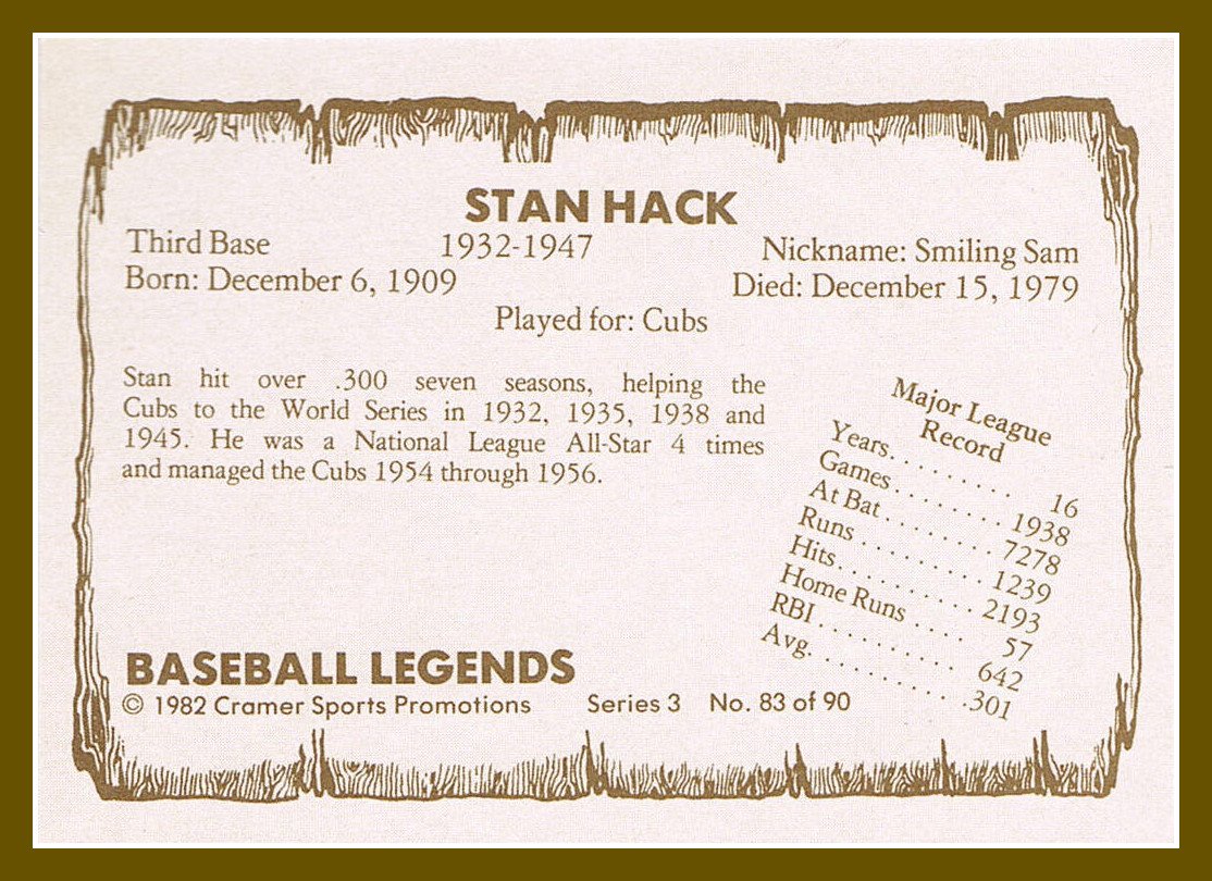 1982 Stan Hack #83 Cramer Sports Promotions Baseball Trading Card