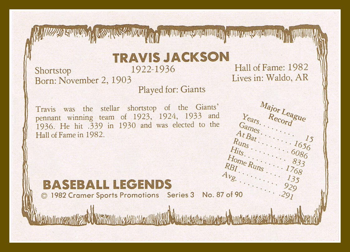 1982 Travis Jackson #87 Cramer Sports Promotions Baseball Trading Card