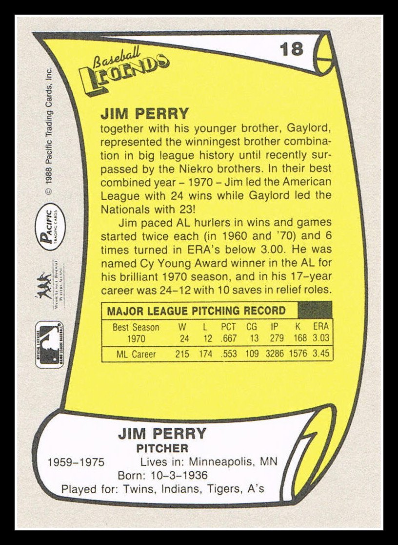 1988 Jim Perry #18 Baseball Legends Trading Card Pacific