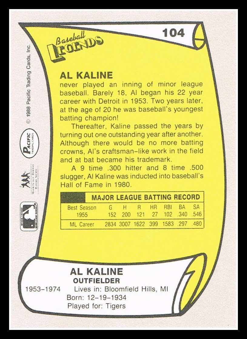 1988 Al Kaline #104 Pacific Baseball Legends Trading Card
