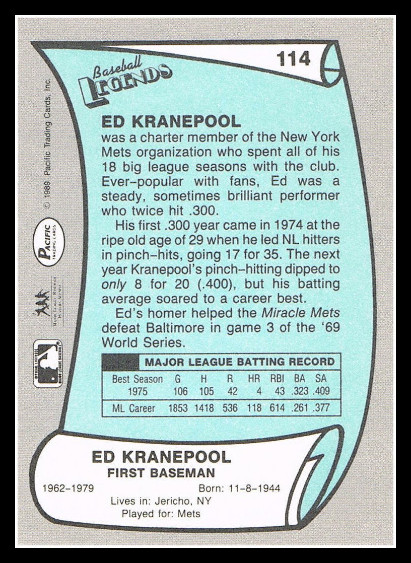 1989 Ed Kranepool #114 Pacific Baseball Legends Trading Card