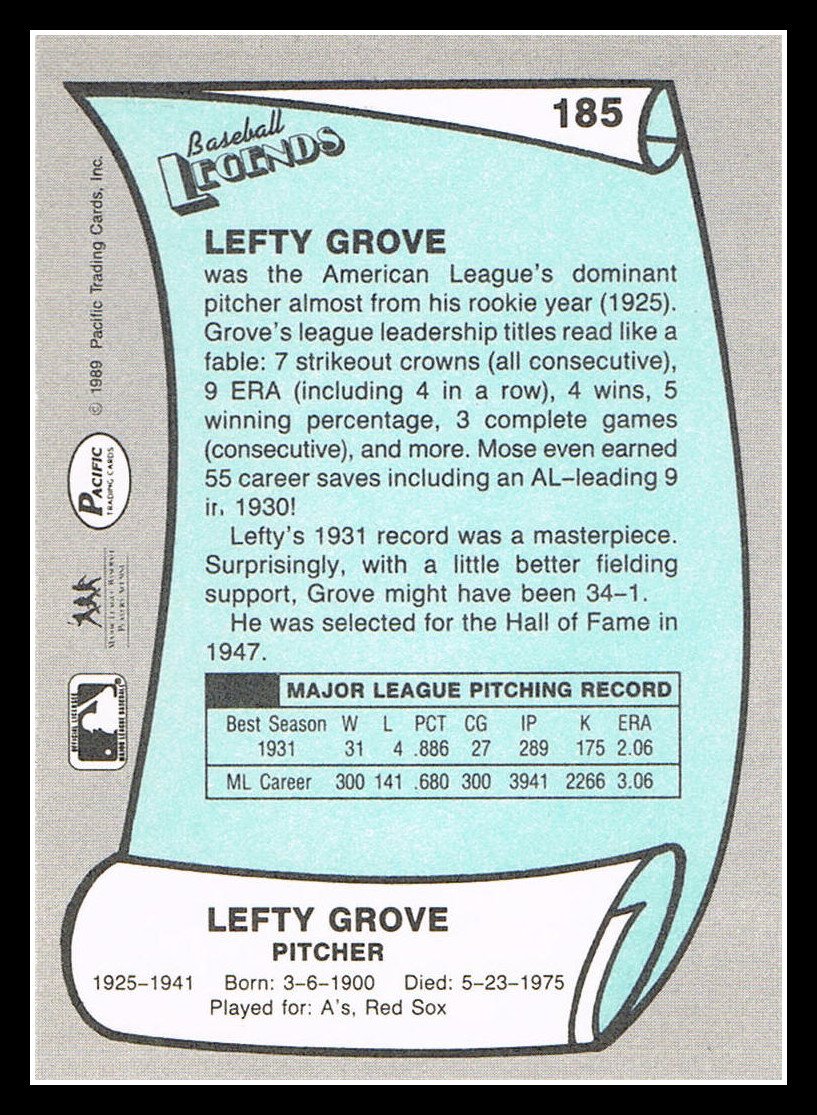 1989 Lefty Grove #185 Pacific Baseball Legends Trading Card