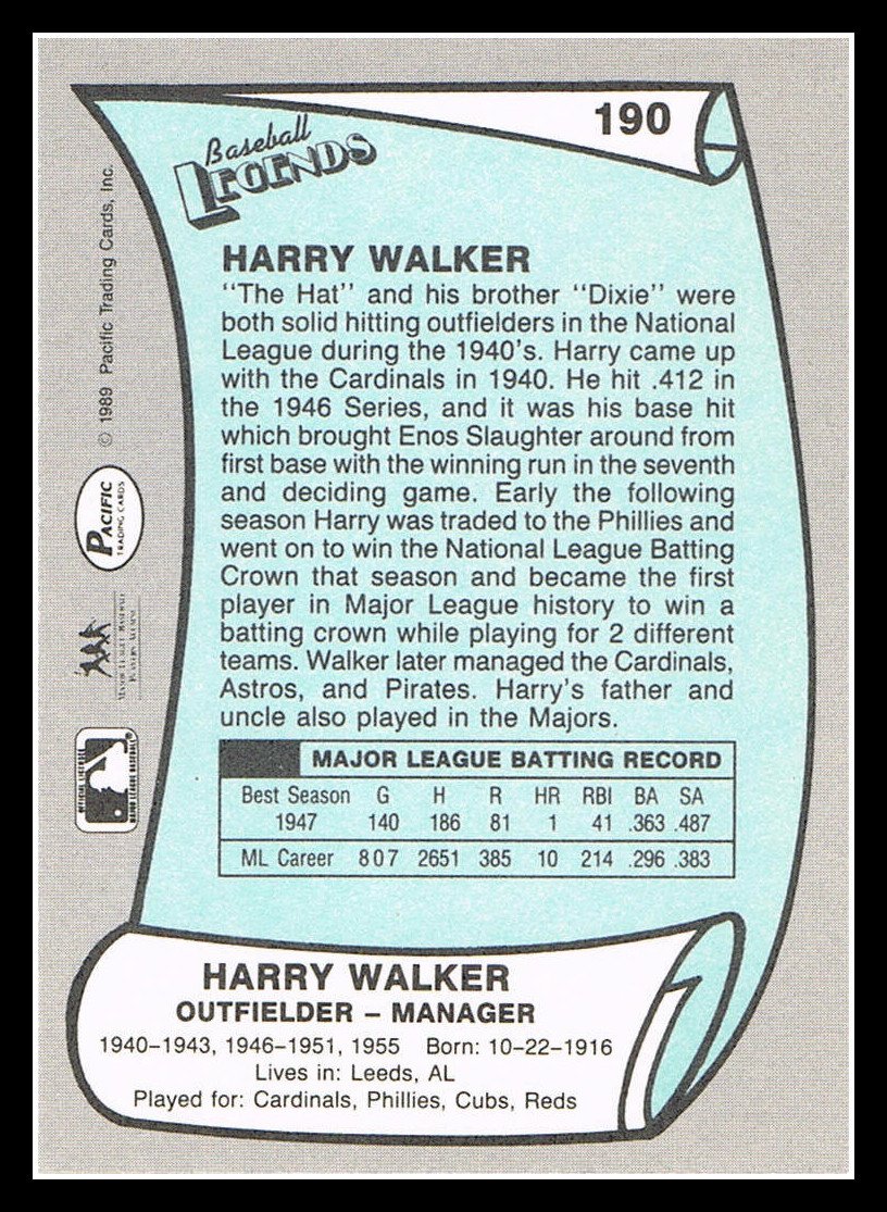 1989 Harry Walker #190 Pacific Baseball Legends Trading Card