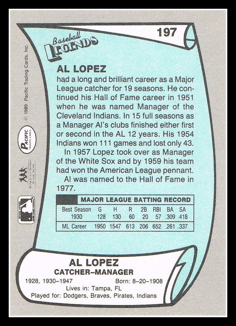 1989 Al Lopez #197 Pacific Baseball Legends Trading Card