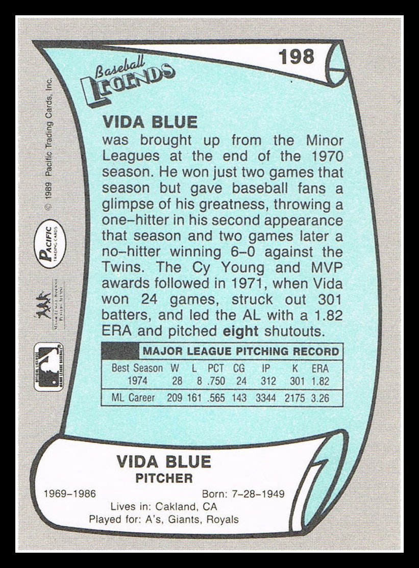 1989 Vida Blue #198 Pacific Baseball Legends Trading Card