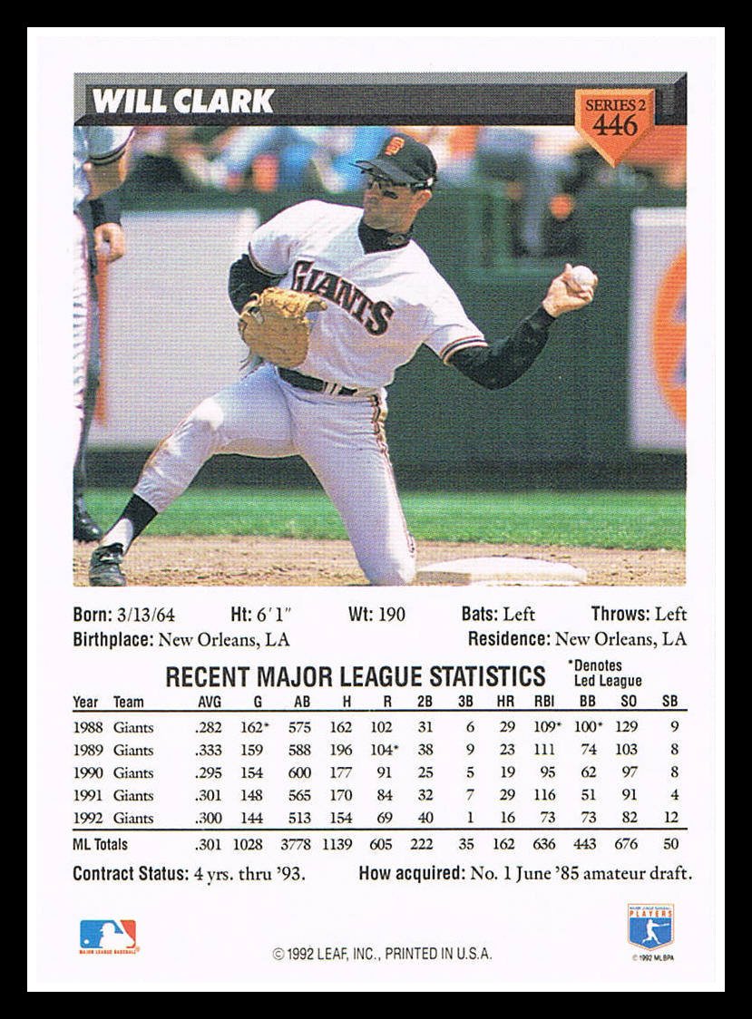 1993 Will Clark #446 Series 2 Donruss Baseball Trading Card