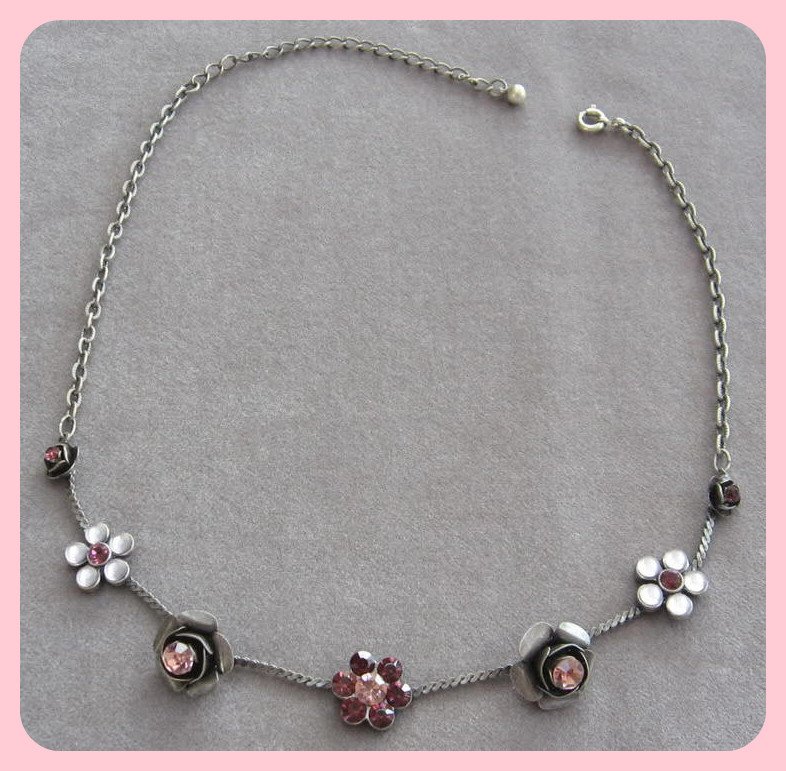 Pink & Purple Stones Jeweled Flower Pendant Necklace Pewter Jewelry