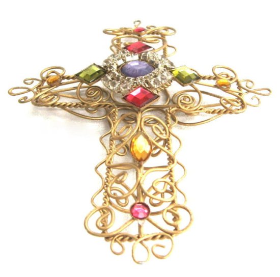 Fancy Jeweled Puffed Cross Wall Decor Ornament Religious Handmade