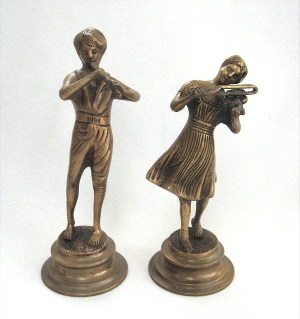 Brass Statues Figurines Boy And Girl Playing The Flute & Violin Musical ...