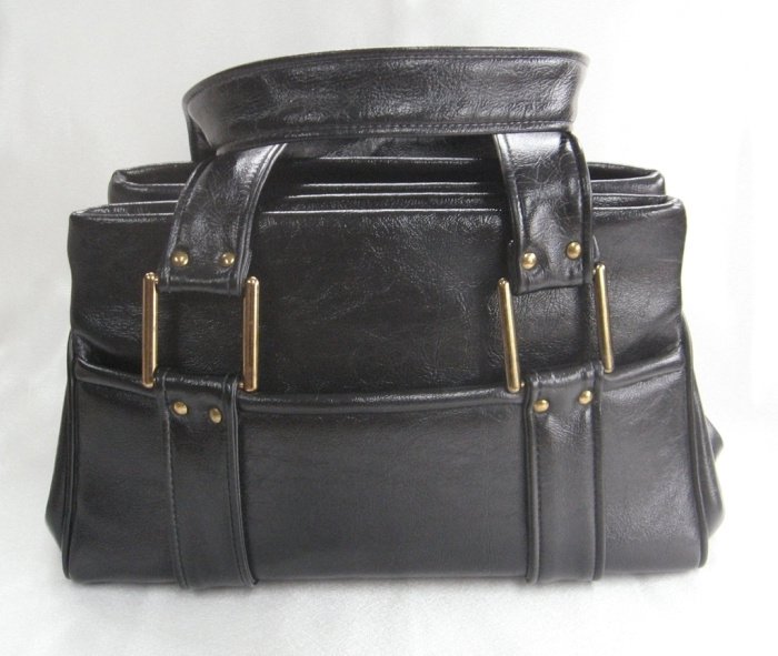 Large Vintage Black Handbag Purse Leatherette Retro 1960's