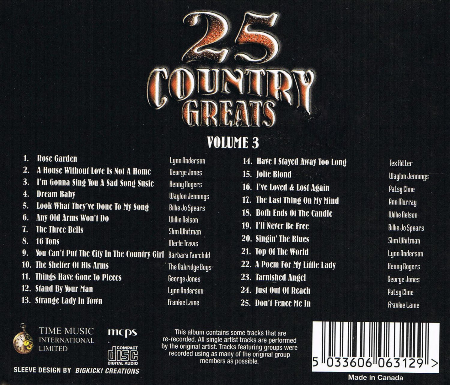 25 Country Greats Music CD Volume 3 Various Artists 25 Tracks