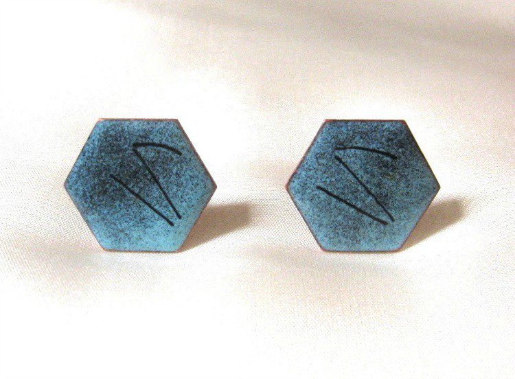 Blue Green Enamel Cufflinks Copper Hexagon Shape Vintage 1950s