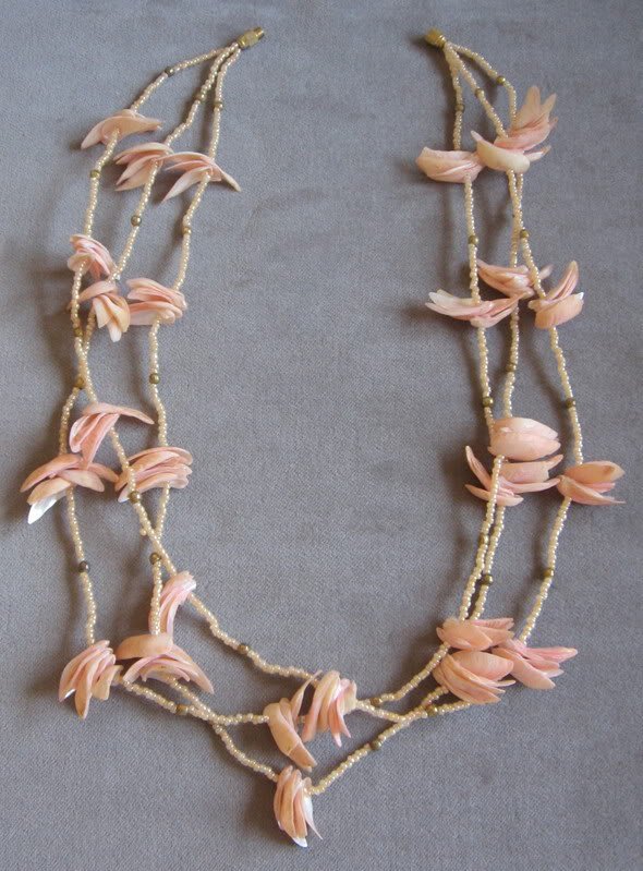 Triple Strand Orange Pink Mother of Pearl Shell Glass Beaded Necklace ...