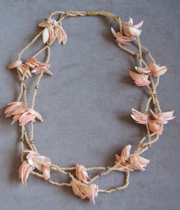 Triple Strand Orange Pink Mother of Pearl Shell Glass Beaded Necklace ...
