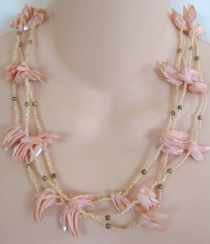 Triple Strand Orange Pink Mother of Pearl Shell Glass Beaded Necklace ...