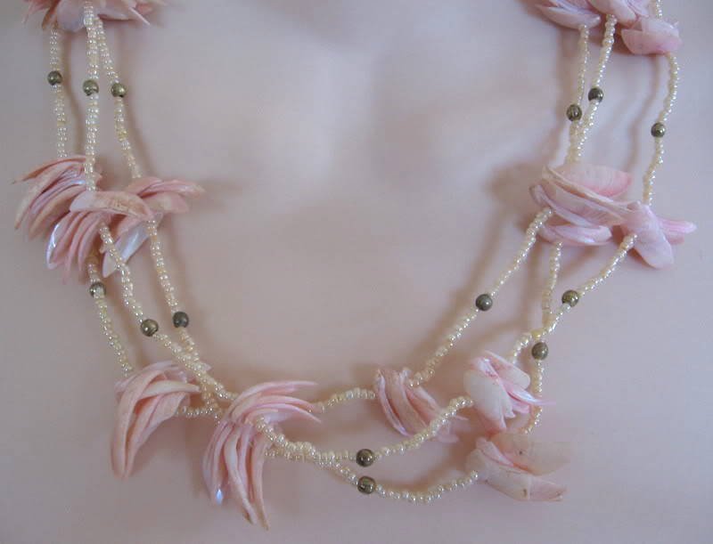Triple Strand Orange Pink Mother of Pearl Shell Glass Beaded Necklace ...