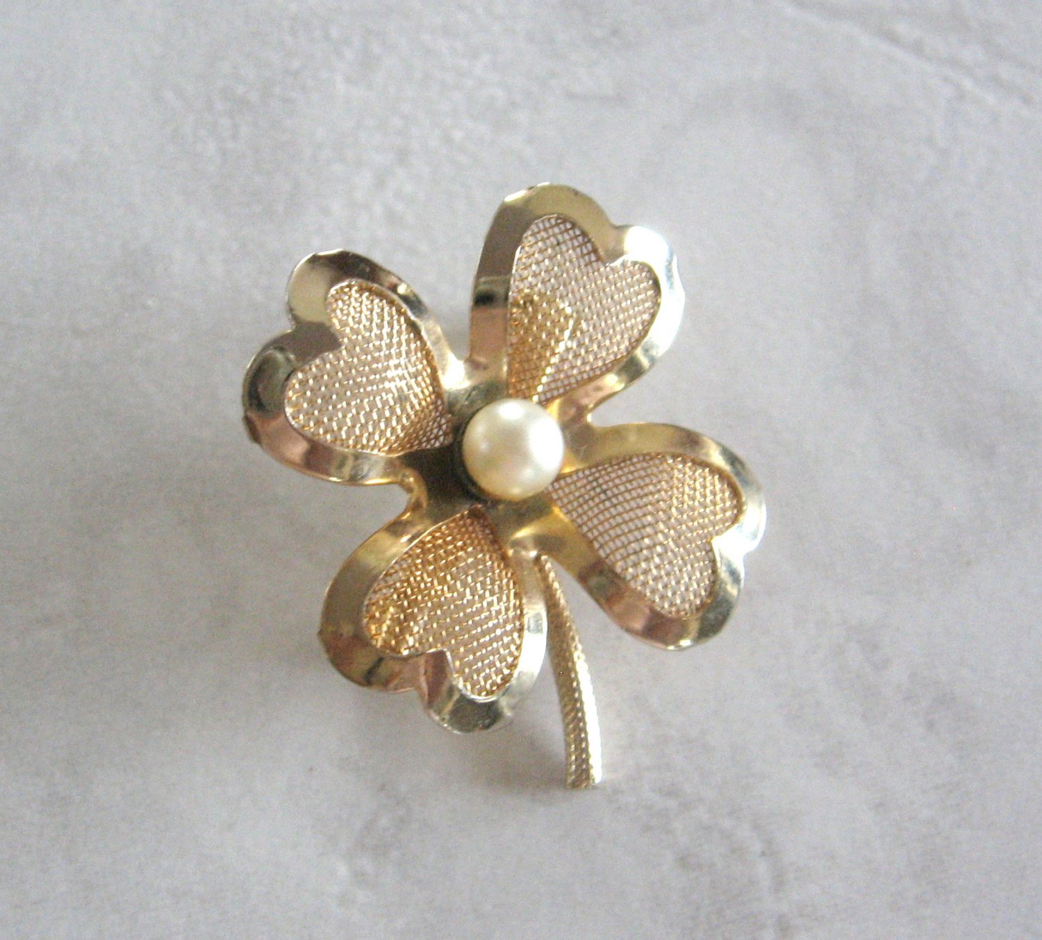Gold Mesh Flower Pearl Four Leaf Clover Brooch Pin By Designer Coro ...