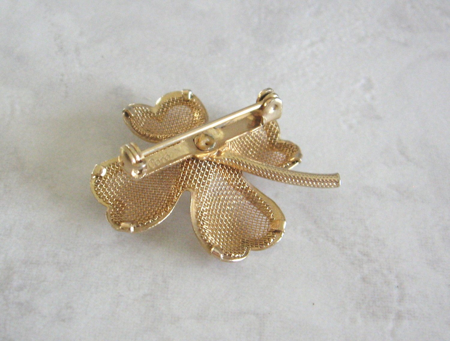 Gold Mesh Flower Pearl Four Leaf Clover Brooch Pin By Designer Coro ...