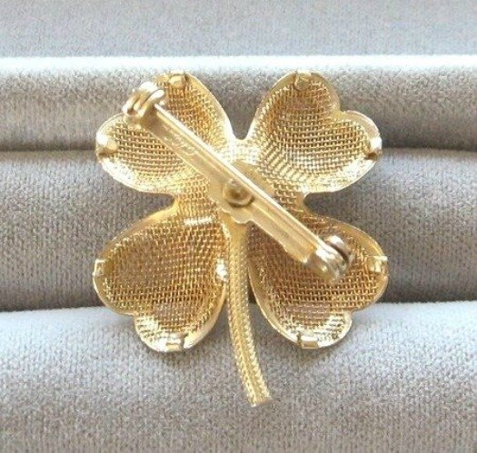 Gold Mesh Flower Pearl Four Leaf Clover Brooch Pin By Designer Coro ...