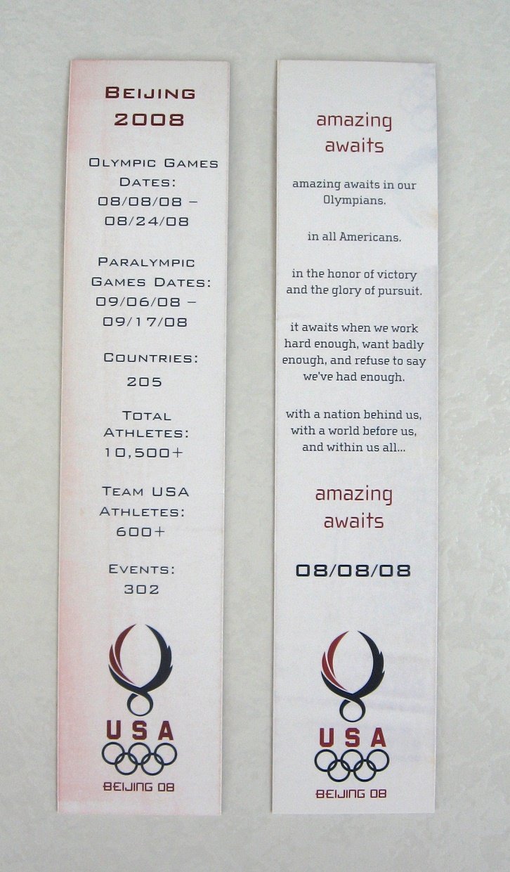 USA Olympic Games 2 Hologram Bookmarks and Sticker Beijing 2008 Summer ...