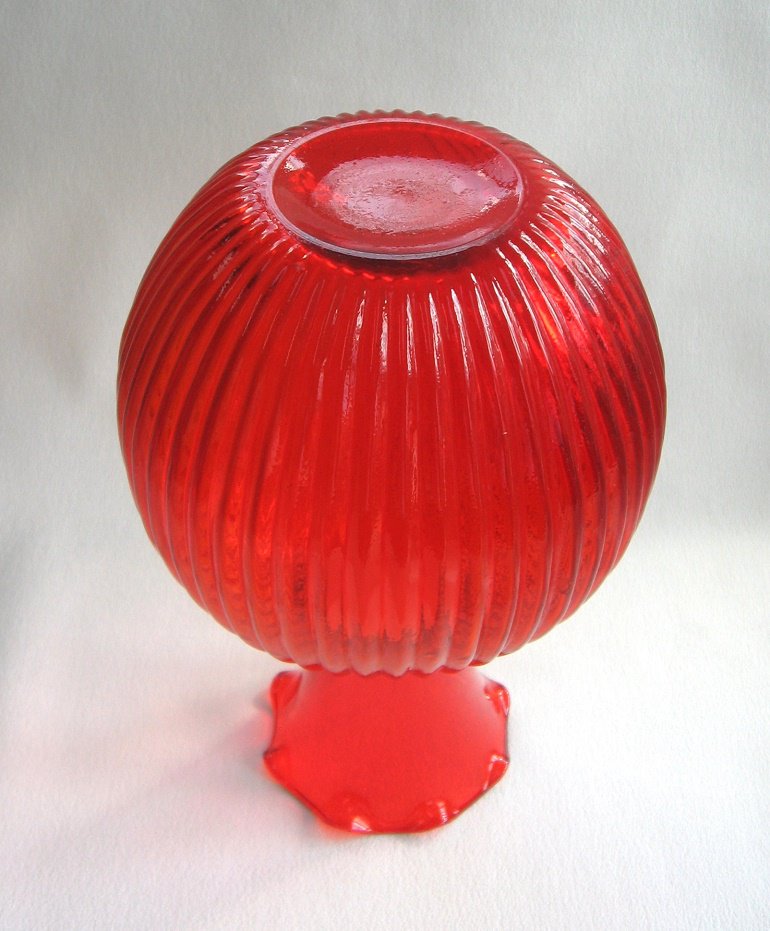 Red Ribbed Glass Ruffled Top Vase Vintage 1960s